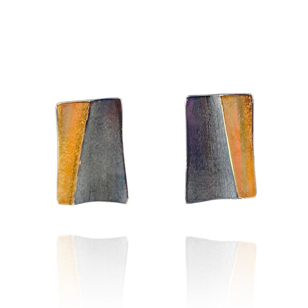 Angled Black and Gold Striped Rectangle Studs Earrings Stella