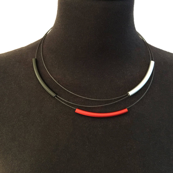Black, Silver, and Red Three-Strand Necklace Necklaces Ursula Muller